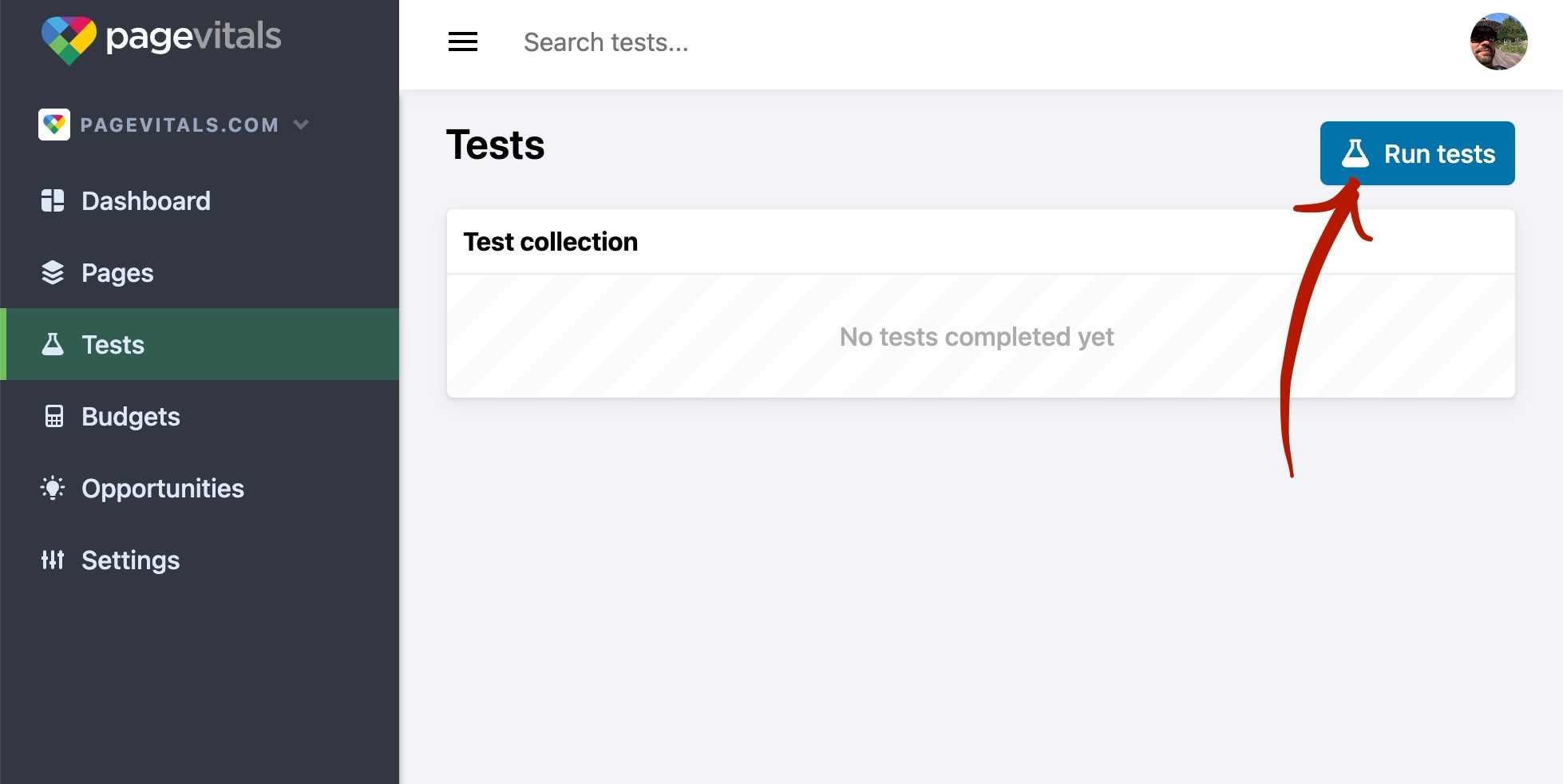 Running your first tests | PageVitals