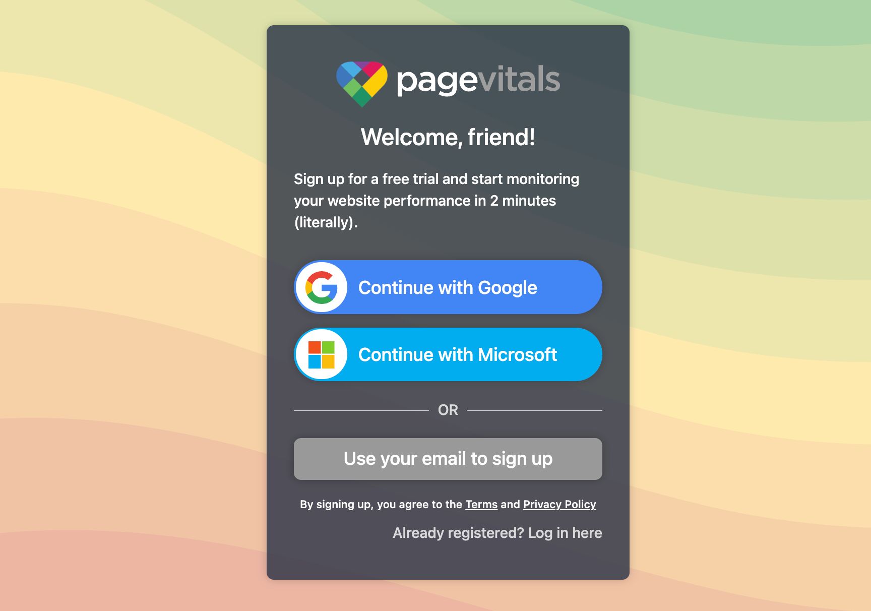 Signing up for a free trial | PageVitals